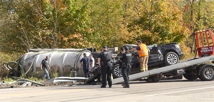 Tanker carrying sewage rolls over, car damaged in crash on Route 422 ...